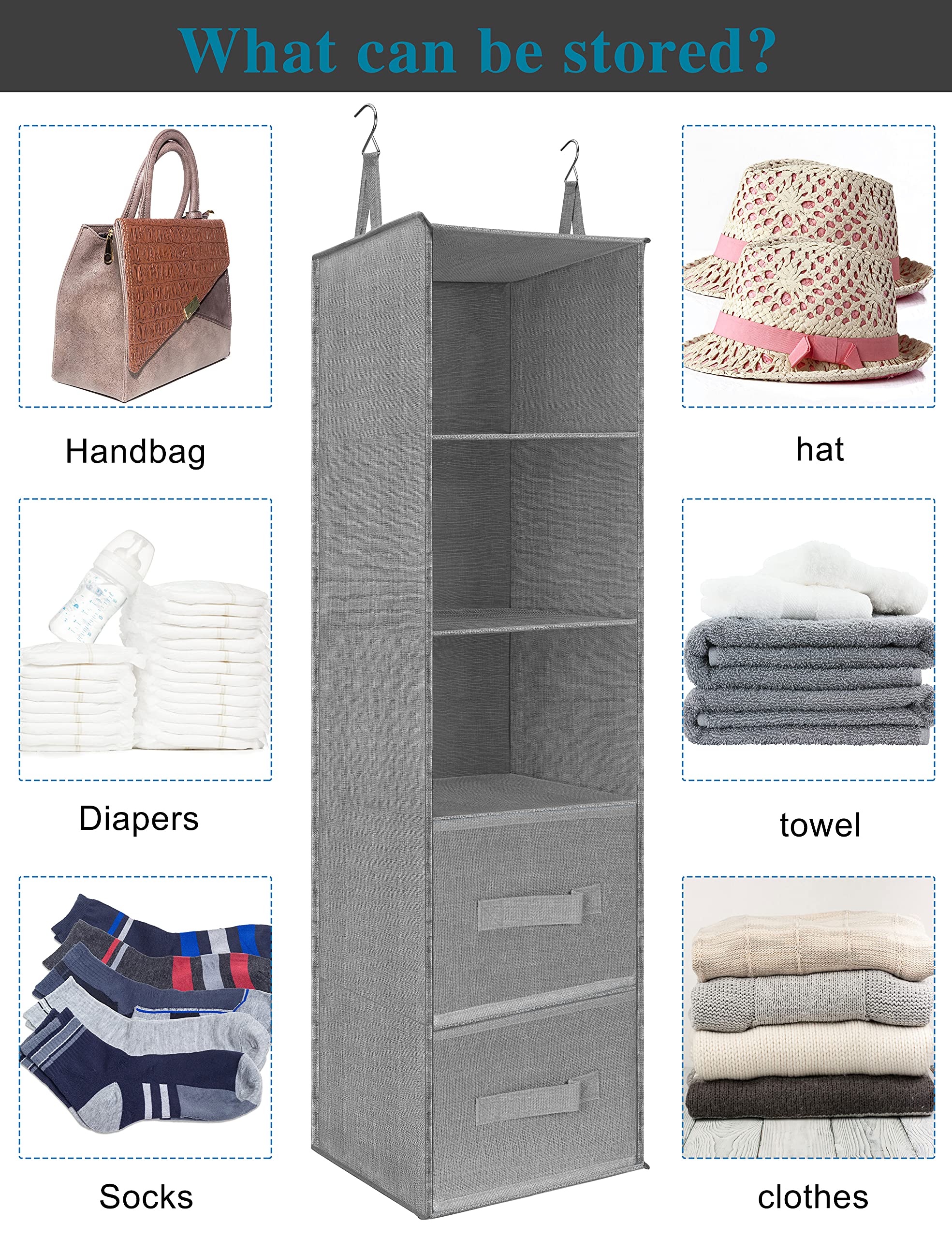 8-Shelf Hanging Closet Organizer with 2 Drawers, 3-Shelf and 5-Shelf Separable Closet Hanging Organizer,Fabric Cloth Hanging Shelf with 2 Sturdy Hooks for Home Clothes Toy Storage, Gray