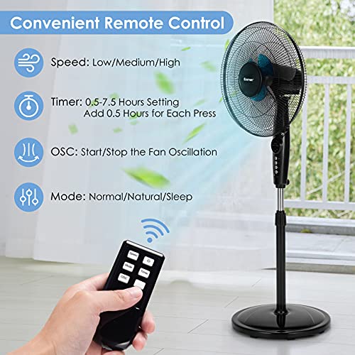 COSTWAY Pedestal Fan, 18-Inch Adjustable Height Fan, 3-Speed Digital Control, Timer, LCD Display, Double Blades, Remote Control, Quiet Oscillating Stand Fan for Home, Office, Bedroom