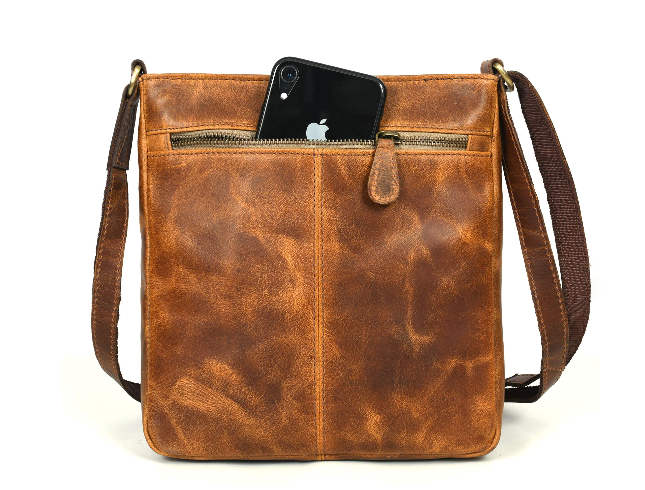 Aaron Leather Goods Women Crossbody bag with Metal Zipper Brown Black (Chestnut)
