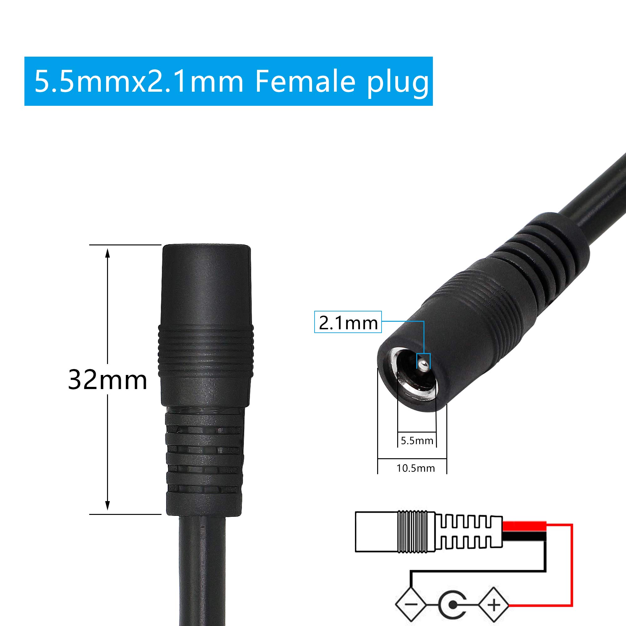 DC Power Pigtails Cable,3FT DC 5.5MM x 2.1MM Female Plug to Bare Wire Open End Power Wire Supply Repair Cable,16 AWG Barrel Connector Pigtail for CCTV Security Camera,DVR,LED Strip Light Etc-2 Pcs(F)