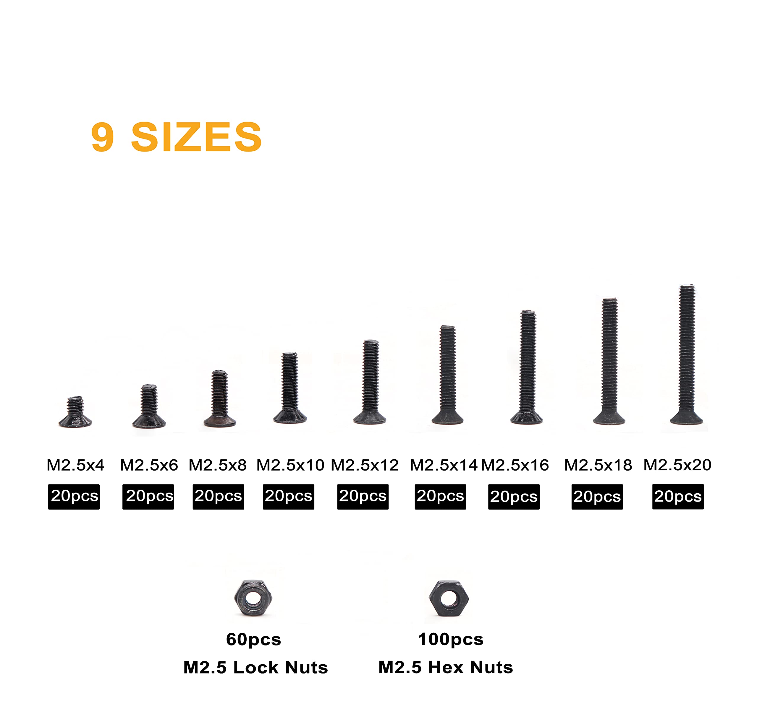 binifiMux 340pcs M2.5 Black Countersunk Flat Socket Cap Screws Hex Nuts Nylon Lock Nuts Assortment Kit 10.9 Grade Alloy Steel, M2.5 x 4mm/ 6mm/ 8mm/ 10mm/ 12mm/ 14mm/ 16mm/ 18mm/ 20mm