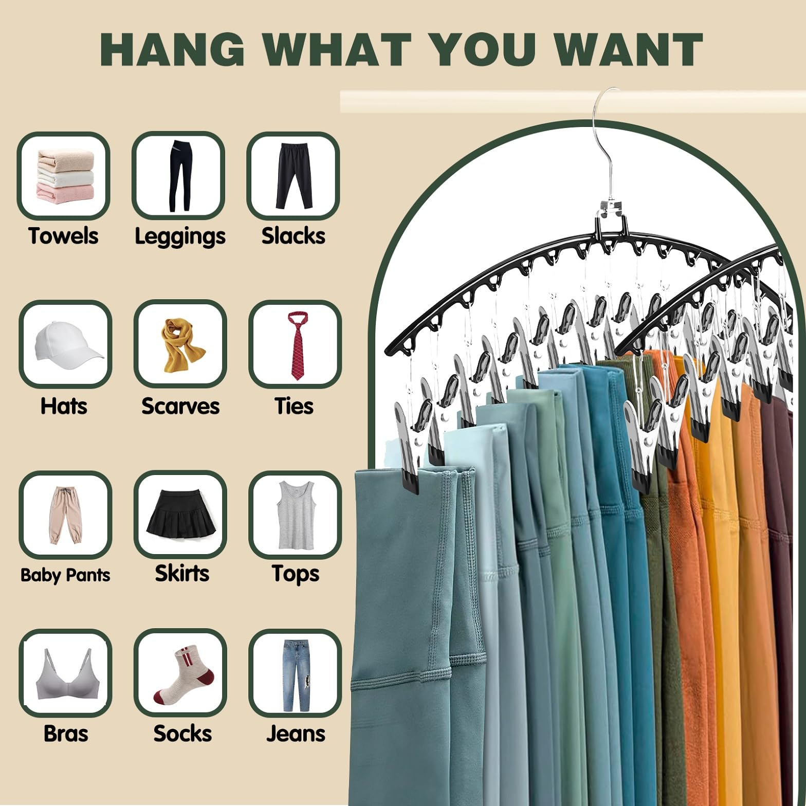 2 Pack Leggings Organizer for Closet Hanging, Pants Hangers with 15 Clips Holds 30 Shorts//Jeans/Skirts/Hats, Space Saving Racks Hanging Closet Organizers and Storage