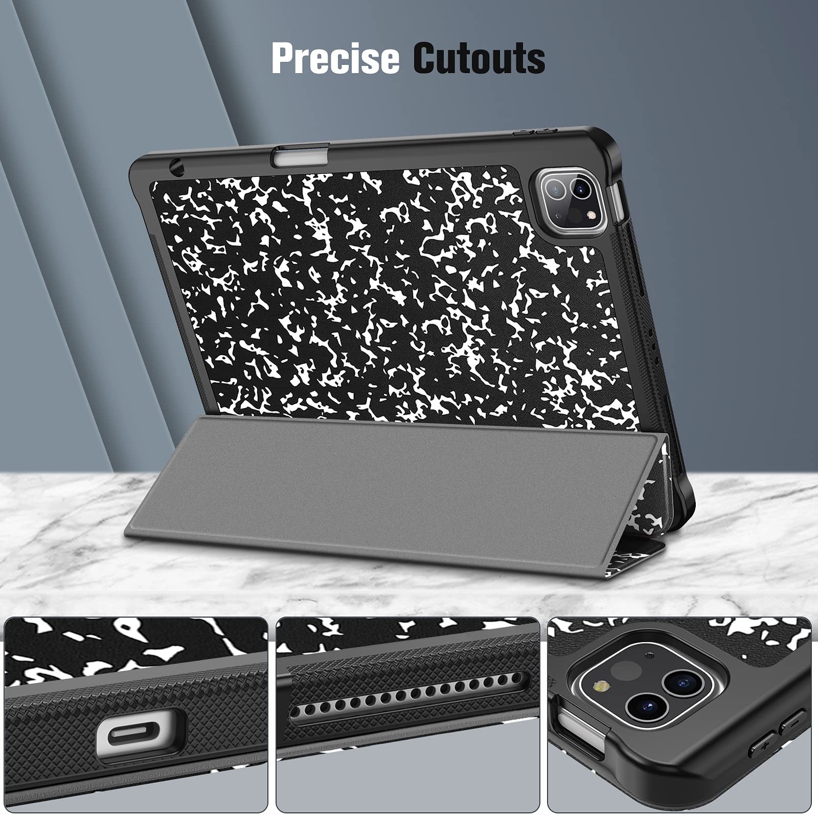 Fintie SlimShell Case for iPad Pro 11-inch (4th / 3rd Generation) 2022/2021 - Soft Flexible TPU Stand Back Cover with Pencil Holder, Also Fit iPad Pro 11" 2nd / 1st Gen, Composition Book Black