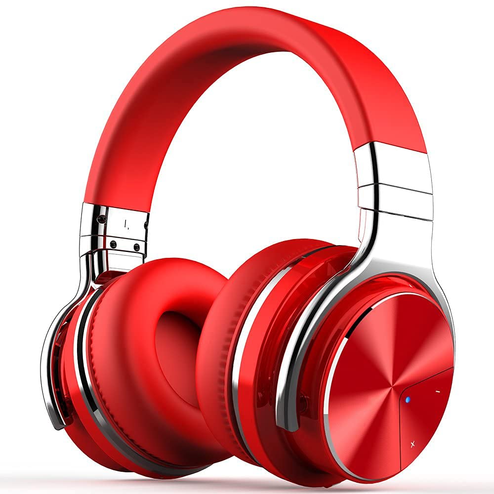 meidongg Active Noise Cancelling Headphones Bluetooth Headphones with Microphone Deep Bass Wireless Headphones Over Ear, Comfortable Protein Earpads, 30 Hours Playtime for TravelWork (Red)