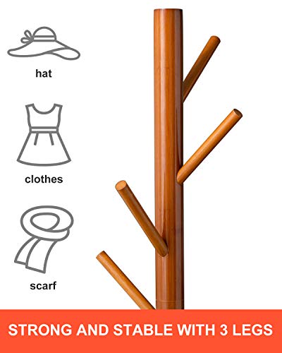 BMOSU Bamboo Coat Rack Freestanding Stand Tree Adjustable Coat with 3 Sections 8 Hooks Easy to Assemble Standing Coat Jackets Hanger for Bedroom Office Hallway Entryway Brown