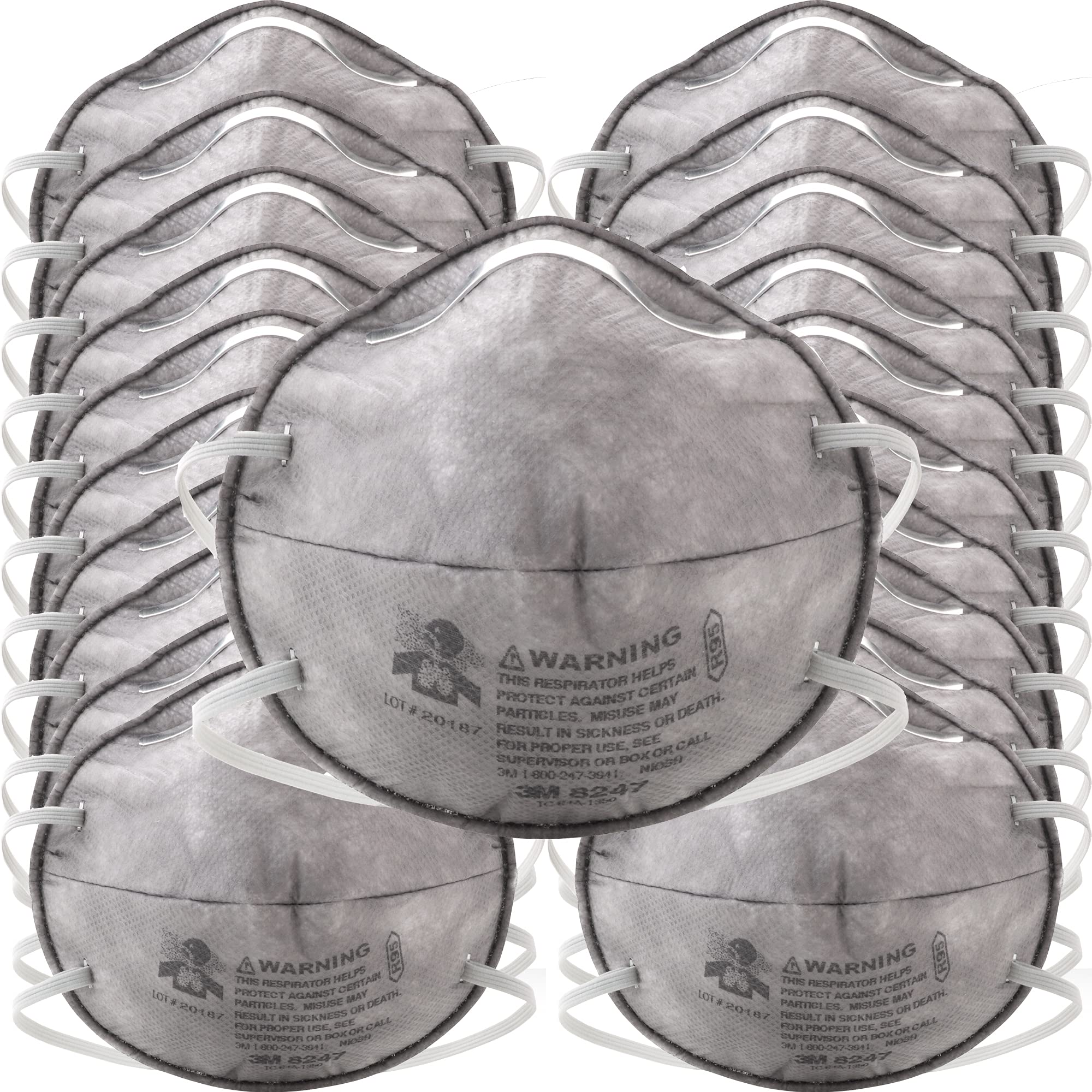 3M Particulate Respirator 8247, Pack of 20, R95, NIOSH APPROVED, Nuisance Level Organic Vapor Relief, Braided Comfort Strap, Carbon Filter Material, Disposable General Purpose for Dust