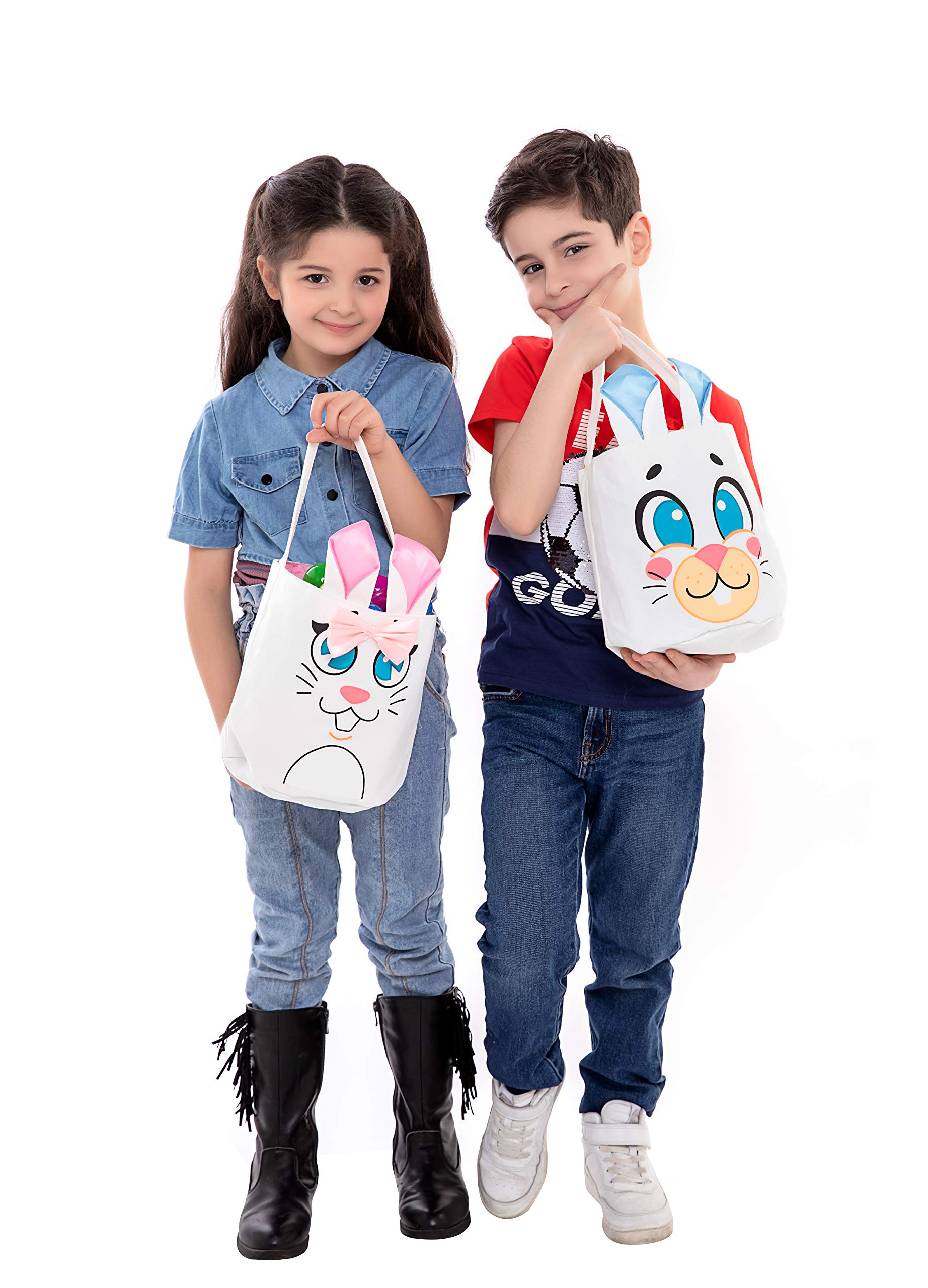 JOYIN 2 Packs Easter Bunny Basket Canvas Bags Set for Easter Eggs Hunt,Gift Baskets Egg Bags for Kids, Kids Party Favor