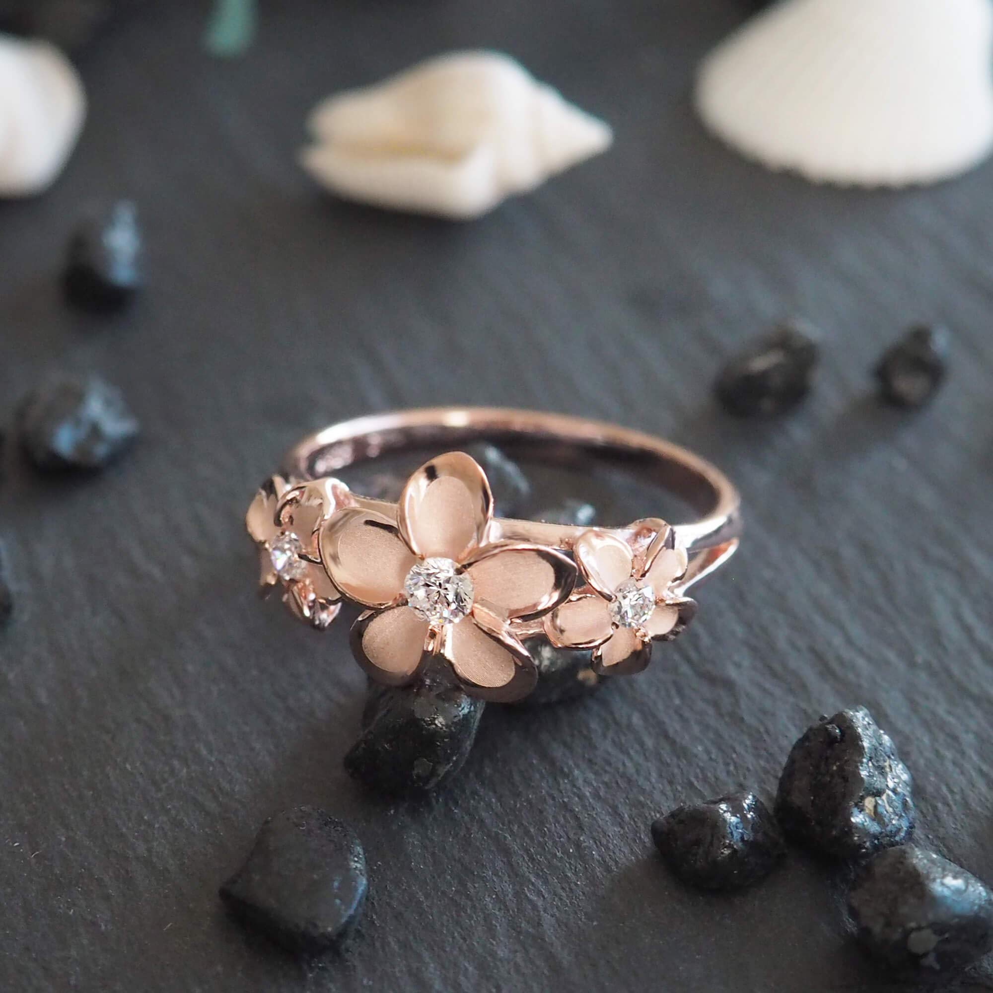 14kt Rose Gold Plated Sterling Silver Hawaiian Three Plumeria Ring Size 4
