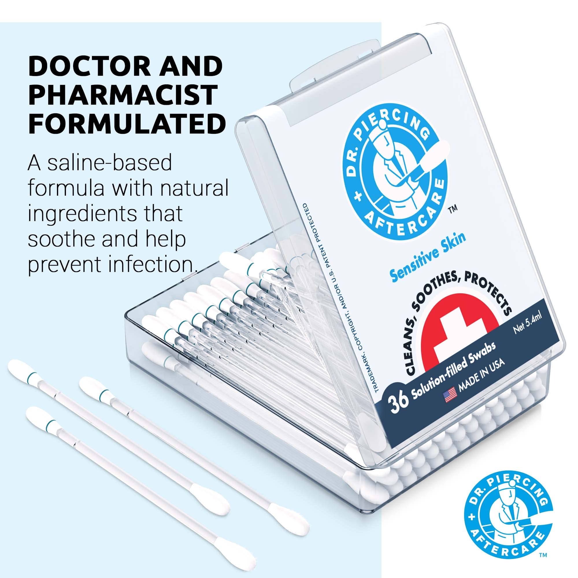 Dr. Piercing Aftercare Swabs - Saline Solution for Piercings - Earring Nose Belly Ear Piercing Cleaner - Saline Wash, Ear Hole Cleaner β Piercing Aftercare Formula - 36 Swabs