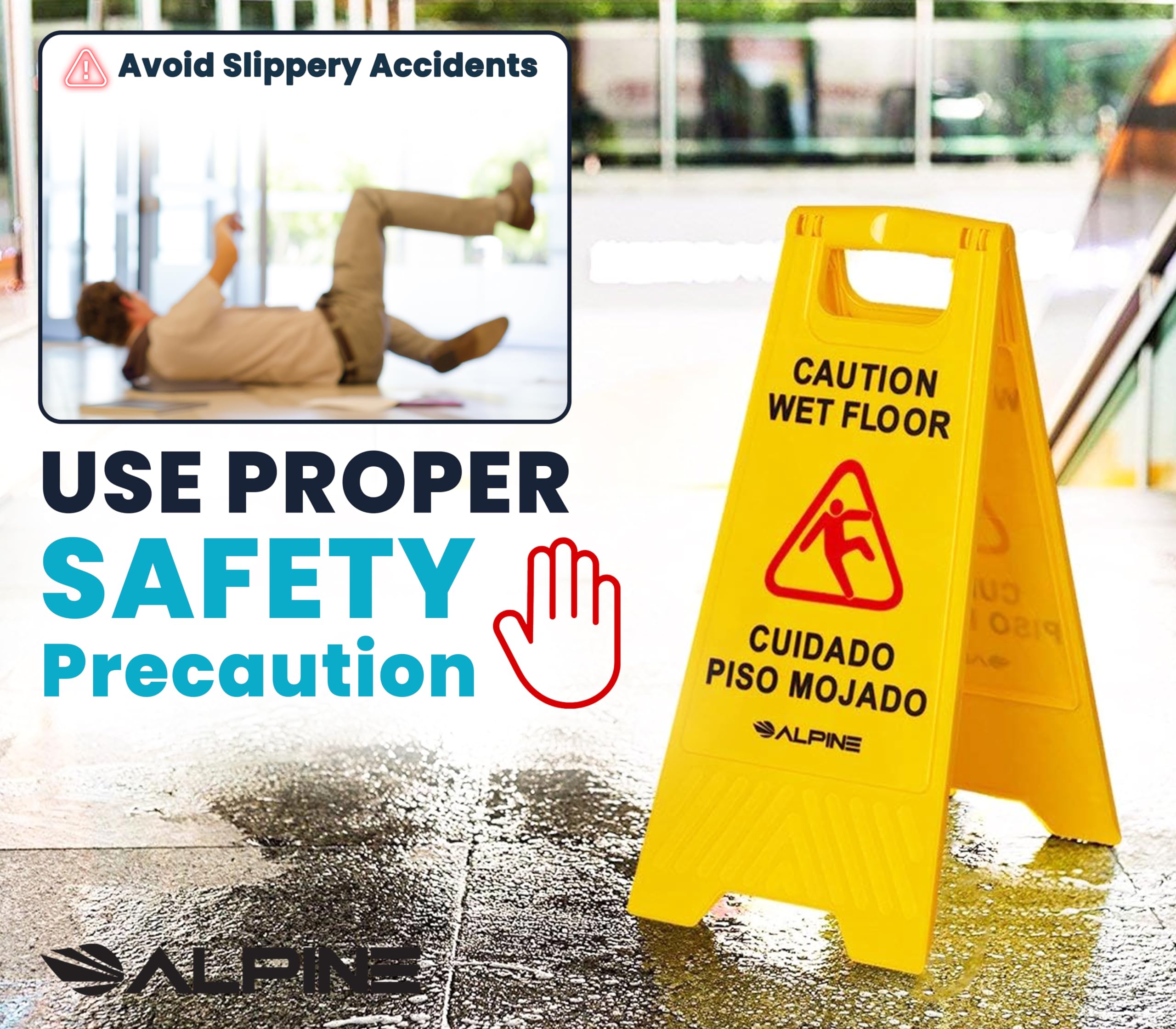 Alpine 24 Inch Caution Wet Floor Sign, High Visibility Yellow Caution Slippery When Wet Sign - Bilingual Safety Warning Sign to Easily Avoid Slippery Accidents in Businesses & High Traffic Areas