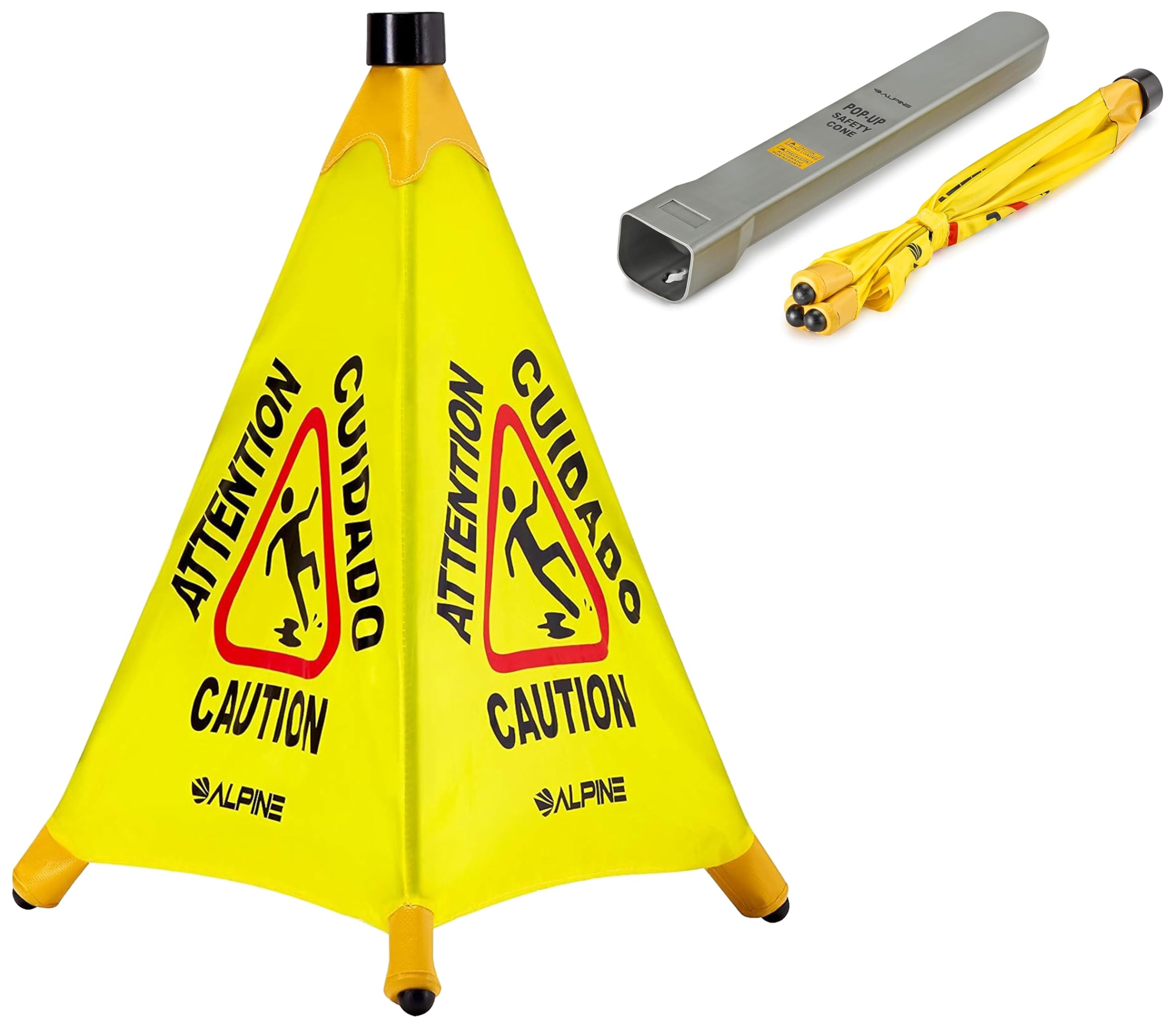 Alpine Caution Wet Floor Sign - Pop Up Slippery When Wet Sign, Wall Mounted Foldable Bilingual Yellow Safety Warning Caution Cone For Commercial & Office Use (30 Inches)
