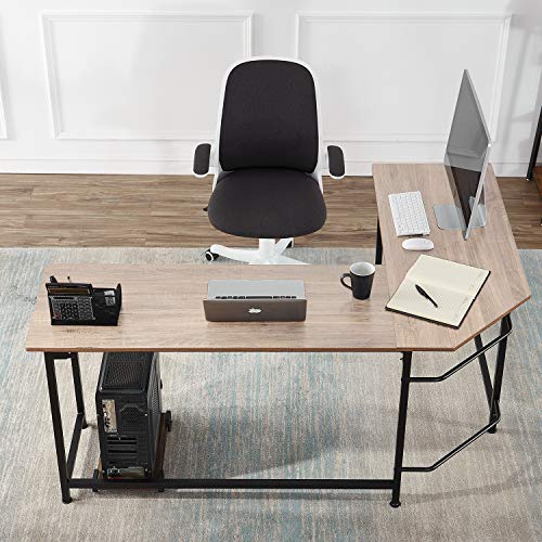 VECELO Computer Desk L Shaped with CPU Stand/PC Laptop Study Writing Table Workstation for Home Office Wood & Metal,Oak,66"