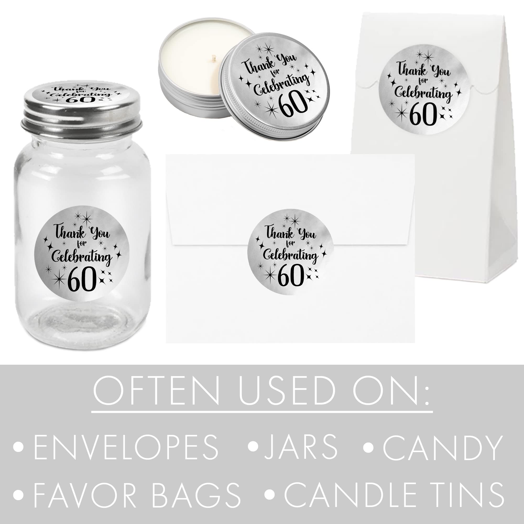 Black and Silver 60th Birthday Thank You Stickers - 1.75 in - 40 Labels