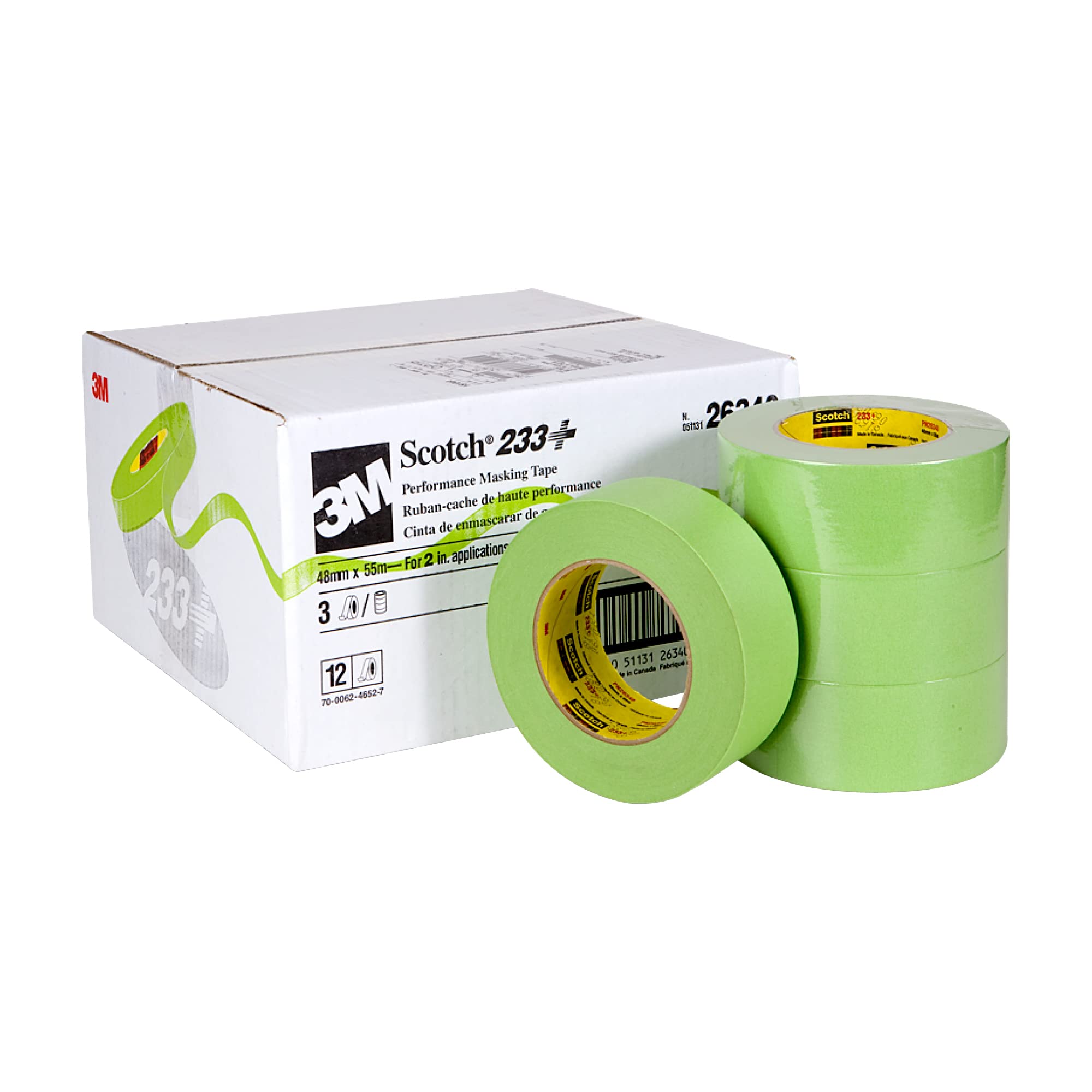 3M Scotch Performance Masking Tape 233+ 26340, Moisture Resistant, Flexible, Green Color, 48 mm x 55 mββ, 12/Case