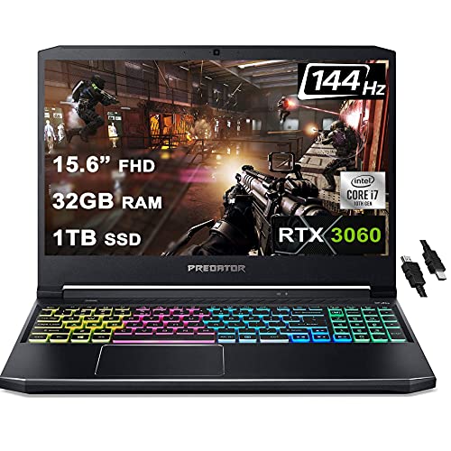 Acer Flagship Predator Helios 300 Gaming Laptop 15.6â FHD IPS 144Hz 10th Gen Intel 6-Core i7-10750H 32GB RAM 1TB SSD GeForce RTX 3060 6GB Backlit USB-C Win10 Black + HDMI Cable (Renewed)