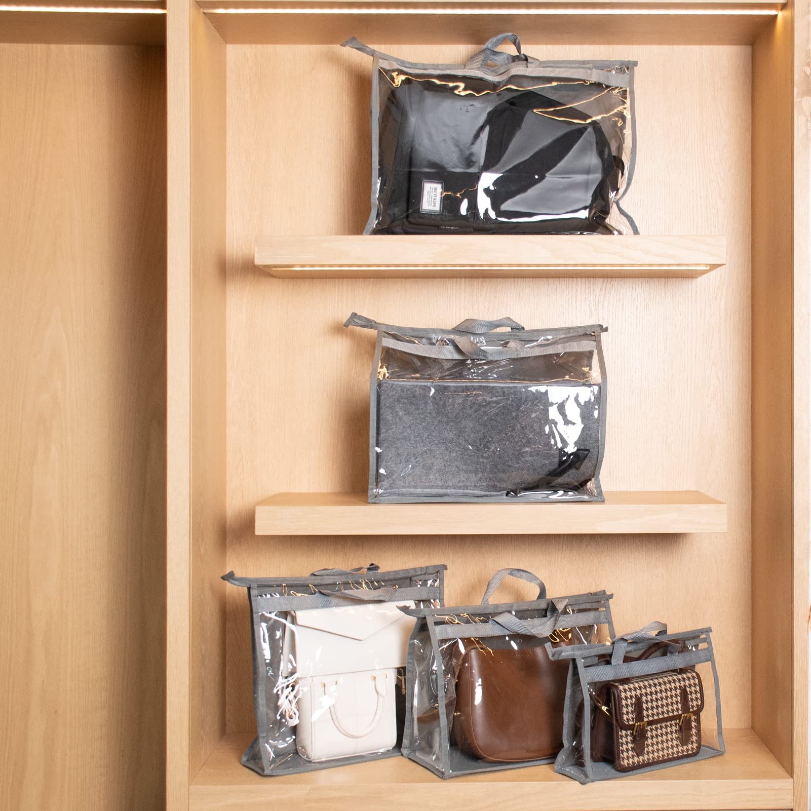 5 Sizes Clear Handbag Storage Organizer with Cozy Handle and Smooth Zipper, KMOTASUO Anti-dust Handbag Dust Cover Bag, Space-Saving Purse Storage Bag Organizer for Closet (Grey)