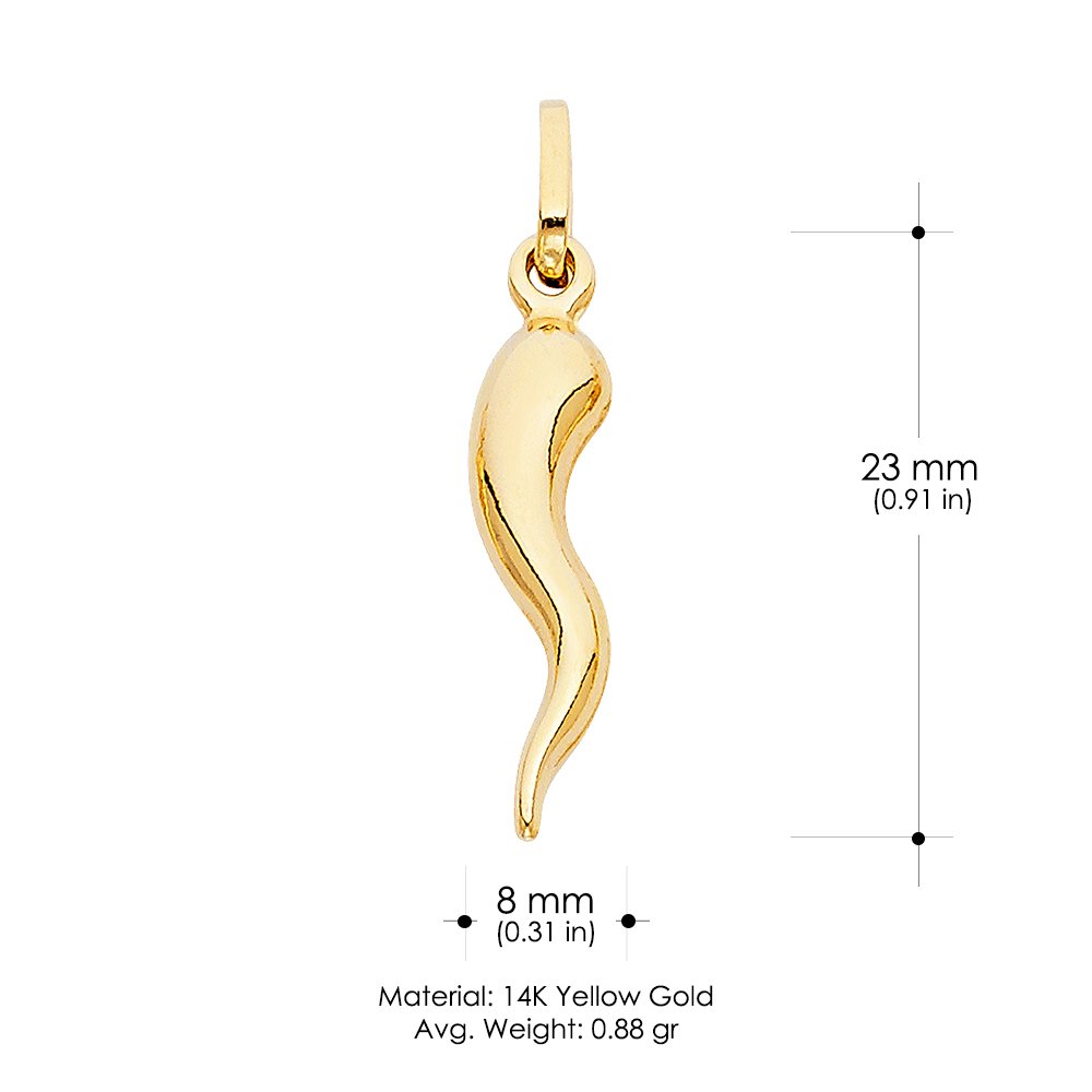 14K Yellow Gold Cornicello Italian Horn Necklace Good Luck Charm Pendant with 1.9mm Figaro 3+1 Chain - 16"