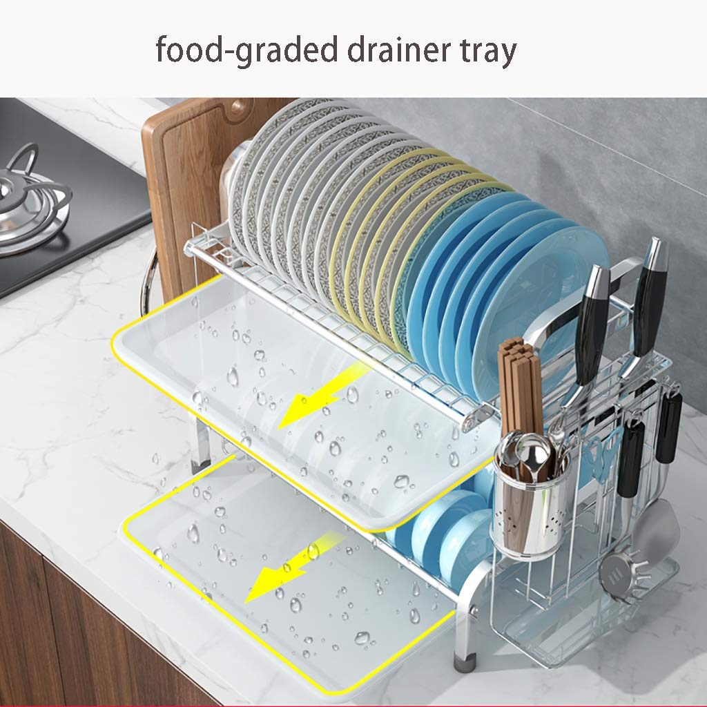 2-Tier Dish Rack, Colture Stainless Steel Dish Drying Rack with Utensil Holder and Drain Board Wine Glass Holder Easy-Storage Rustproof Kitchen Counter Dish Drainer Rack Organizer, Silver