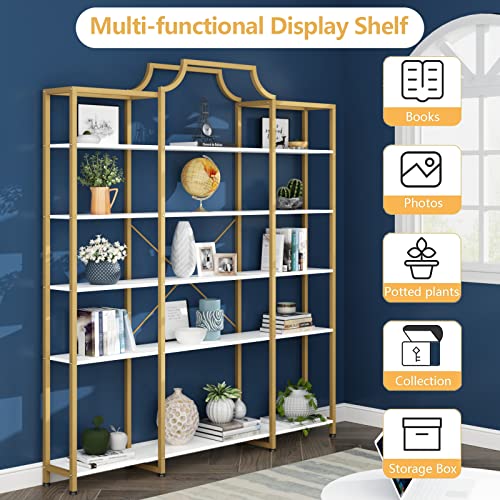 Auromie Triple Wide 5-Tier Bookshelf, 70.87" L x 79.13" H Extra Large Gold Bookcase, Tall Display Shelf with Metal Frame, Freestanding Etagere Storage Display Shelf for Home Office, White Gold