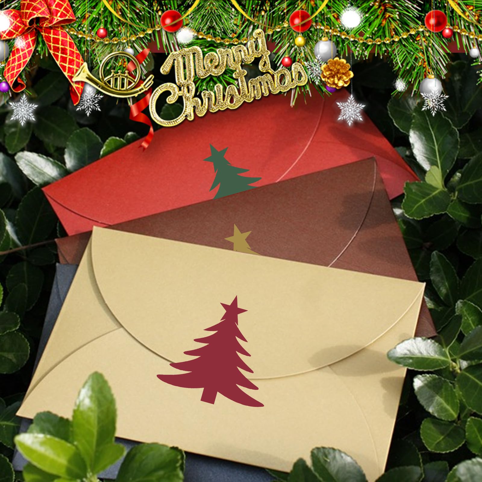 120 Pcs Christmas Envelope Seal Stickers, Christmas Tree Labels Merry Christmas Stickers for Gift Invitation Greeting Card Envelope Bottle Cup Holiday Presents Decorative Seals (Red, Gold and Green)