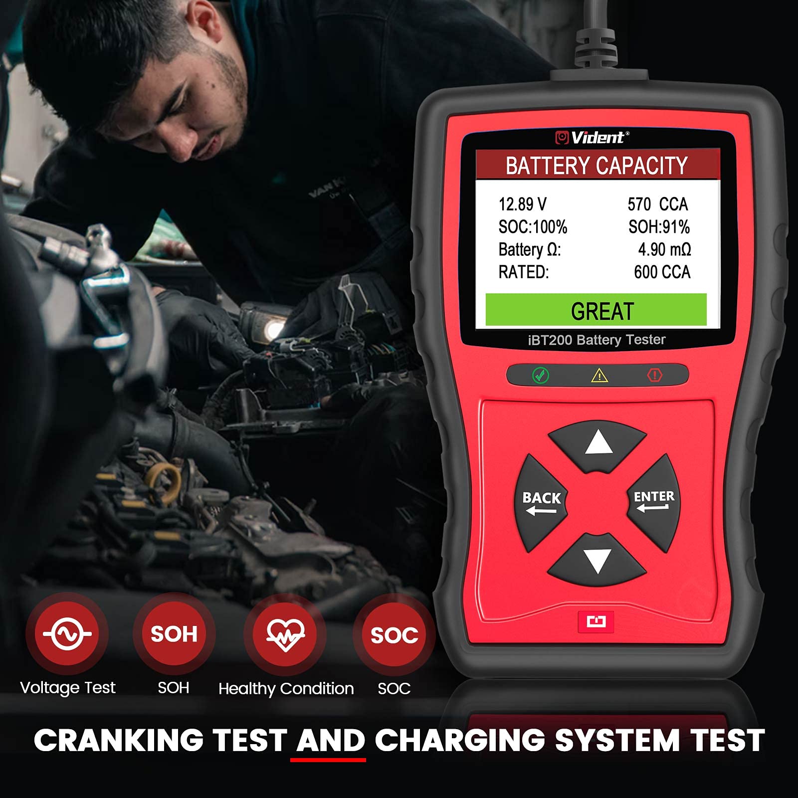 12V Car Battery Tester, 24V Battery Load Tester, Vident iBT200 100-2000CCA Cranking and Charging System Tester for Car Truck Motorcycle ATV SUV Boat