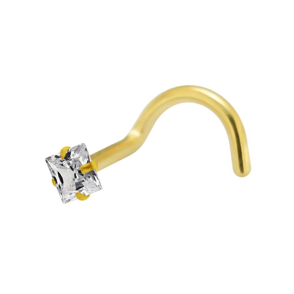 14K Yellow Gold Prong Set 2.5MM Square CZ Stone 20 Gauge Nose Screw Piercing Jewelry