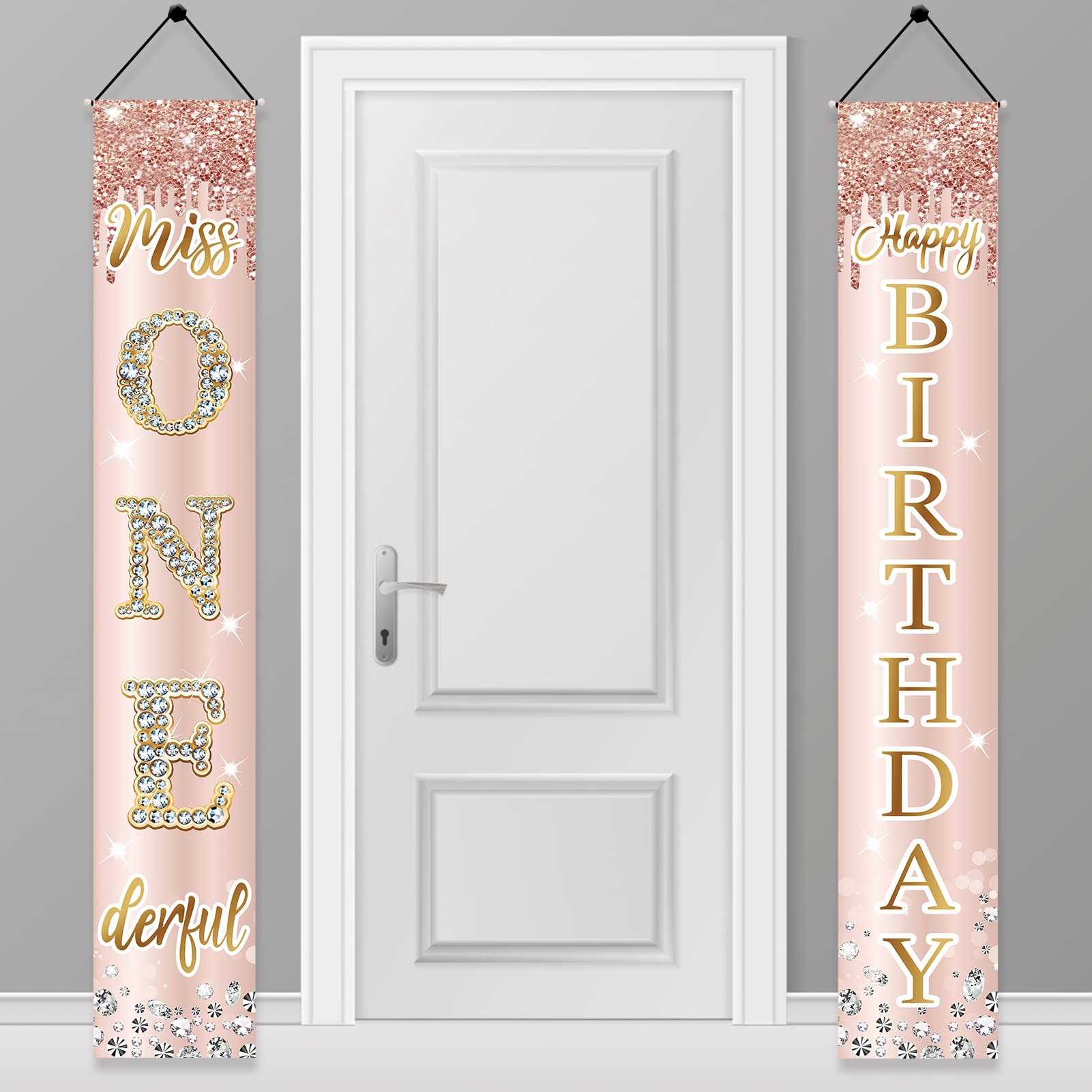 1st Birthday Decorations Miss Onederful Happy Birthday Door Banner for Baby Girls, First Birthday Porch Sign Party Supplies, Pink Rose Gold Happy One Year Old Birthday Decor for Indoor Outdoor