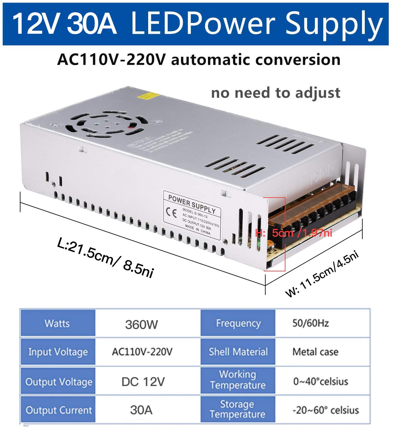 DC 12V 30A Power Supply 360W Universal Regulated Switching AC to DC Converter AC110V/220V (SMPS) Transformer Driver Adapter for LED Strip Light, CCTV Camera Security System, Radio, Computer Project