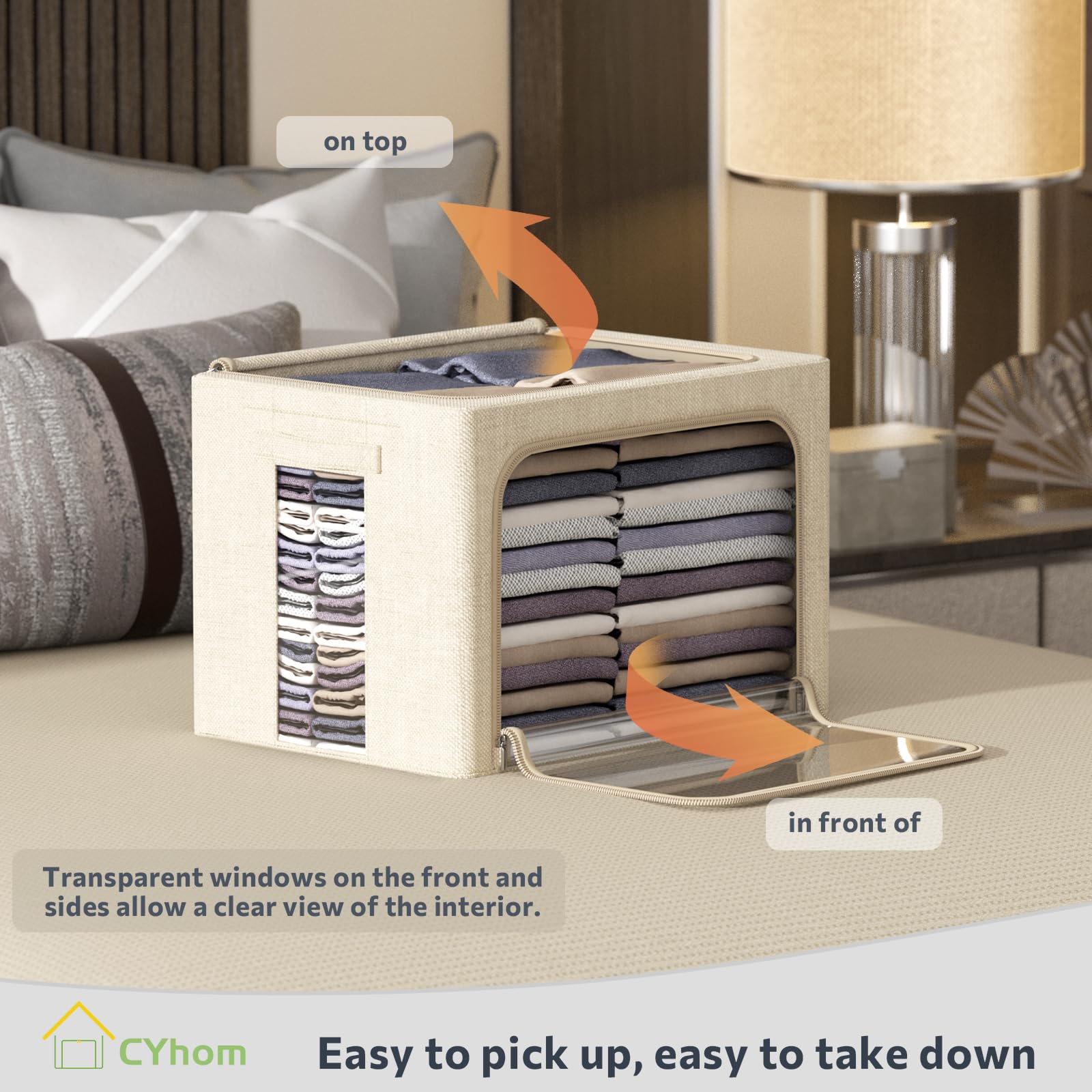 3Pack Foldable Storage Bins - Frame Storage Box Linen Fabric Stackable Clothes Container Organizer with Clear Window & Carry Handles Large Capacity (Large-66L, Beige)