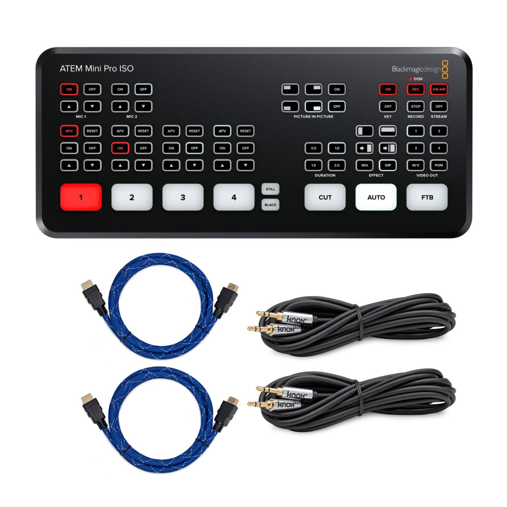 Blackmagic Design ATEM Mini Pro ISO Bundle with 2 x Nylon-Braided 4K HDMI Cables and 2 x Slim 3.5mm Male to Male Stereo Aux Cable (5 Items)