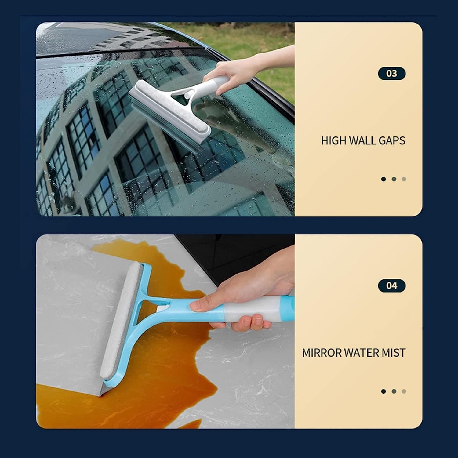 3 in 1 Window Cleaning Tool for Car Indoor Outdoor High Windows, Multi-Purpose Silicon Squeegee Window Cleaner with Water Spray, Shower Squeegee for Glass Doors (Blue)