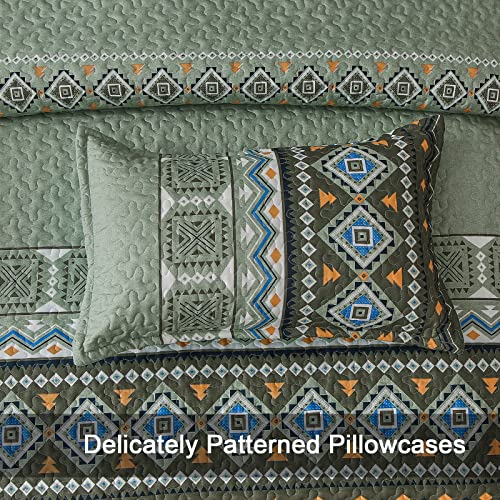 Boho Quilt Set King,3 Piece Olive Green Bedspread Coverlet Set with Geometry Printed for All Season, Lightweight Oversized Bohemian Bedding Set 104"×90"