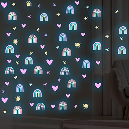 Boho Rainbow Wall Decor Stickers Small Rainbow Wall Decal Watercolor Rainbow Heart Sun Star Wall Stickers for Girls Boys Baby Bedroom Nursery Wall Decor (Luminous Blue)