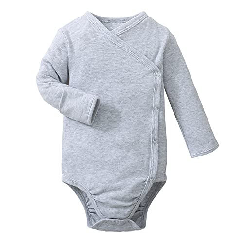 DEFAHN Baby Side Snap Kimono Bodysuit Long Sleeve with Mitten Cuffs 100% Cotton 3-Pack Unisex Onsies for Newborn Boy Girl (3Pc BK-WH-GY, Newborn)