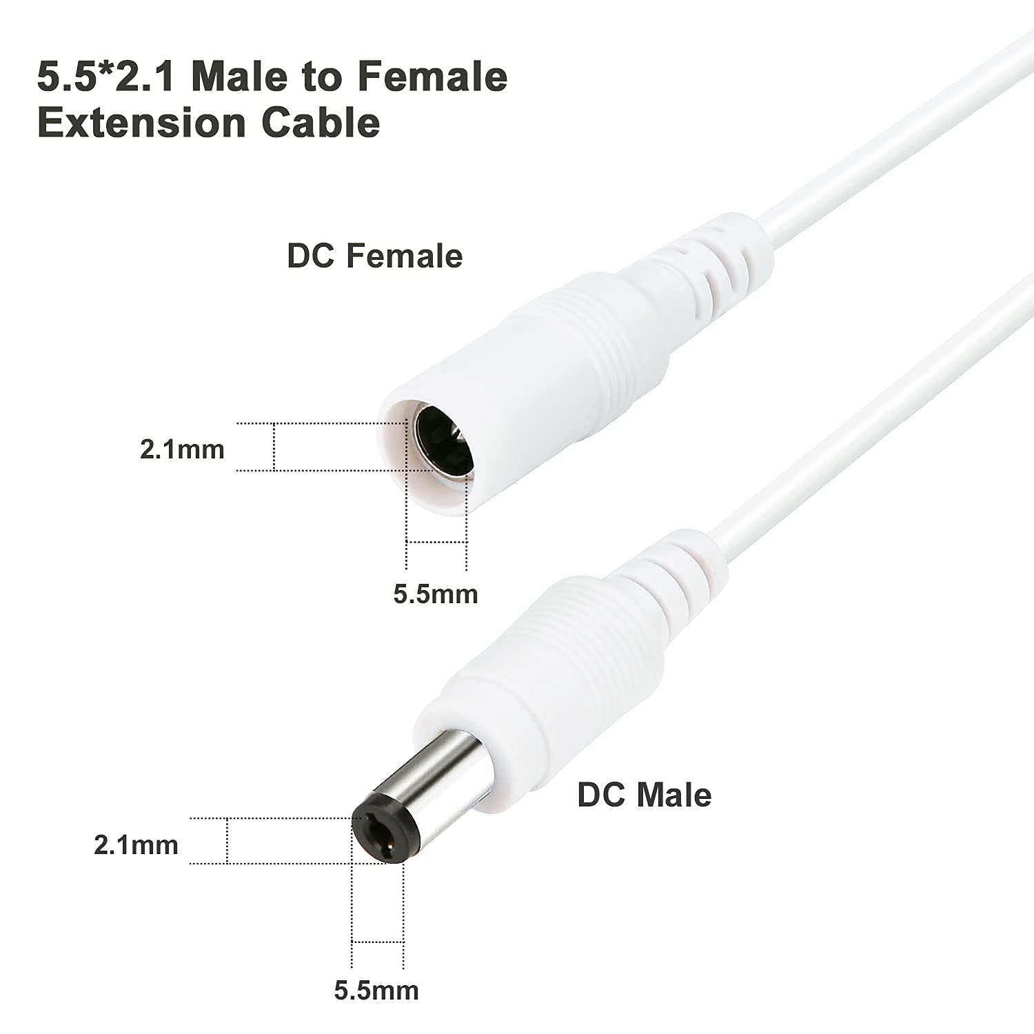 DC Power Extension Cable, 33ft 2Pack 2.1mmx5.5mm DC Plug Power Supply Adapter Extension Cord 20AWG Power Cord Compatible with 12V,24V Wireless CCTV IP Security Camera,Led Strip Lights(2pcs White)