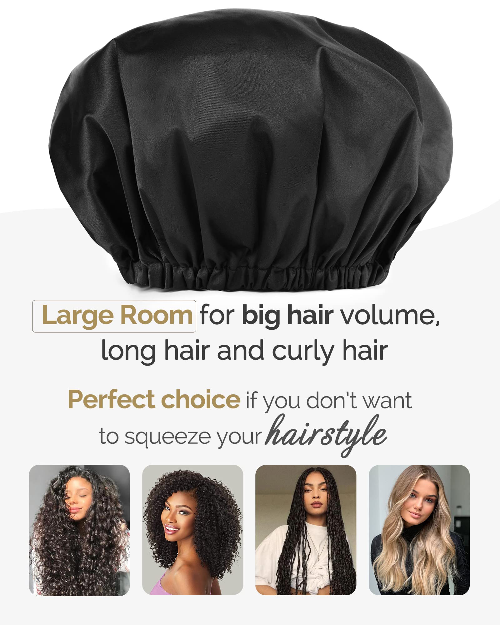Yanibest Shower Cap for Women - Hair Satin Bonnet Shower Cap for Men Waterproof Extra Large Double Layer Reusable Adjustable for Braids Long Hair (Large,Black)