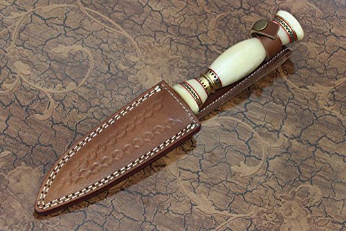 11" Custom made Hand Forged Damascus steel Dagger hunting Knife, Round grip Camel Bone scale crafted with engraved brass spacer, Cow hide Leather Sheath included with belt loop