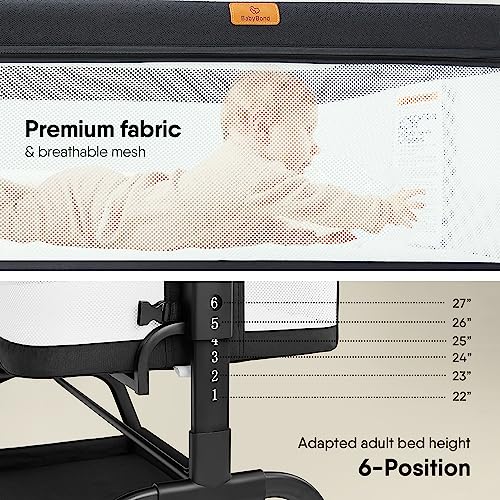 BabyBond Baby Bassinet, 3 in 1 Bassinet Bedside Sleeper with Soft Mattress and Sheet, 6 Height Adjustable Cosleeper Bedside Crib, 4-Sided Mesh Bedside Bassinet for Baby