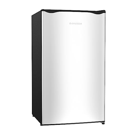 BANGSON Compact Fridge with Freezer, 3.2 CU.FT. Small refrigerator with Freezer, 5 Adjustable Temperatures，38 dB Low Noise, Reversible Door, Small Fridge For Dorm Bedroom or Office, Silver