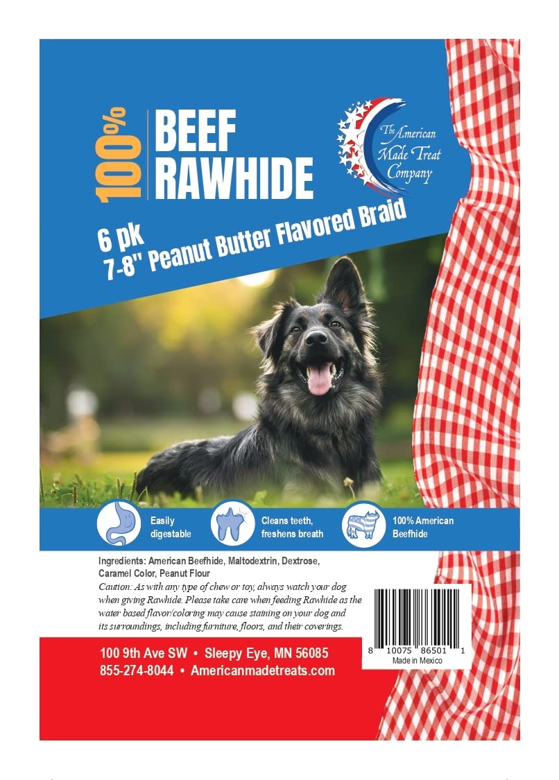 American Made Treat Co - Dog Treats, Beefhide Braids - Peanut Butter Flavor Rawhide Chews for Dental Health & Protein - 7-8" - 6 Pack