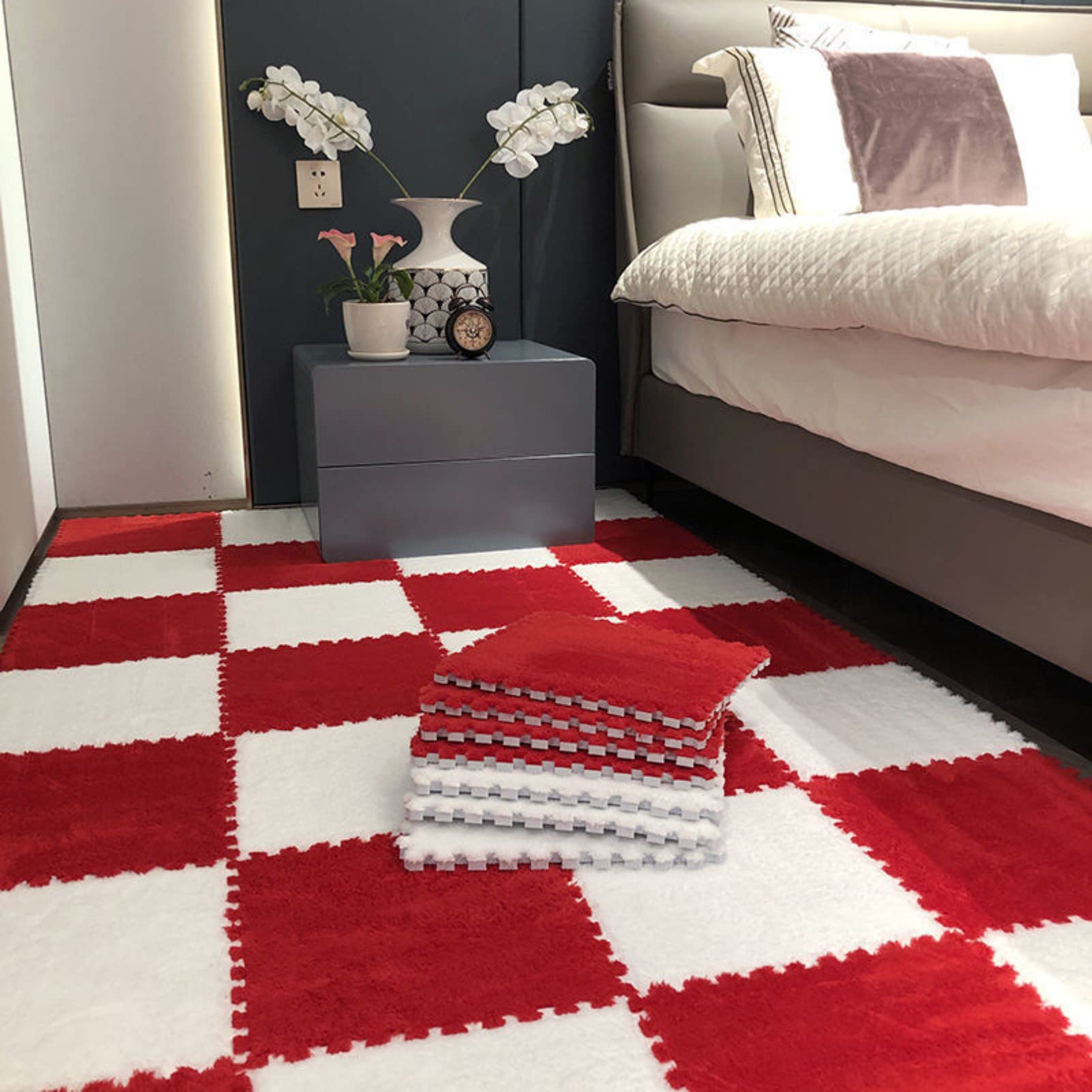 16 Pcs Soft Interlocking Carpet Tiles with Border, Plush Foam Square Floor Mats Set, 11.8 X 11.8 Inch Fluffy Puzzle Area Rugs,1cm Thick(Color:Khaki+Brown)
