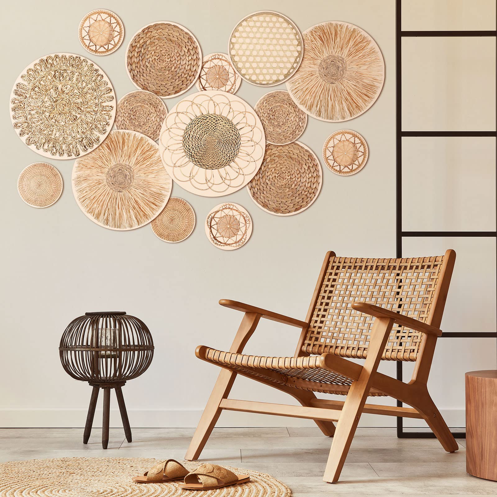 15 Pcs Boho Basket Wall Decor Round Boho Wall Decals Modern Wall Stickers Peel and Stick Wall Bohemian Decor Rustic Removable Boho Wallpaper Art for Home Office Living Room Bedroom (Cute Style)
