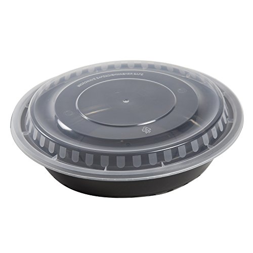 AmerCare 9 Inch Round Black Plastic Containers with Lids, 48 Ounces for Microwave or Freezer, Pack of 150