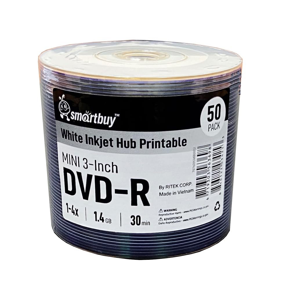 50 Pack Smartbuy Mini DVD-R 3 inch 8cm 4X 1.4 GB 30 Min Blank Recordable Disc for Camcorders Handycam