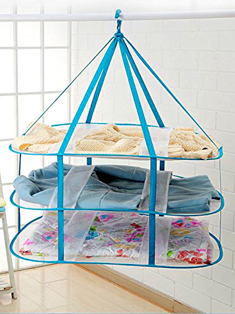 2 Tier Folded Mesh Clothes Hanging Dryer Sweater Drying Rack,Windproof Laundry Drying Rack,Foldable Hanging Mesh Dryer for Underwear Lingerie Sweater Outdoor, Indoor(blue,size:30.7x24x23.6inch)