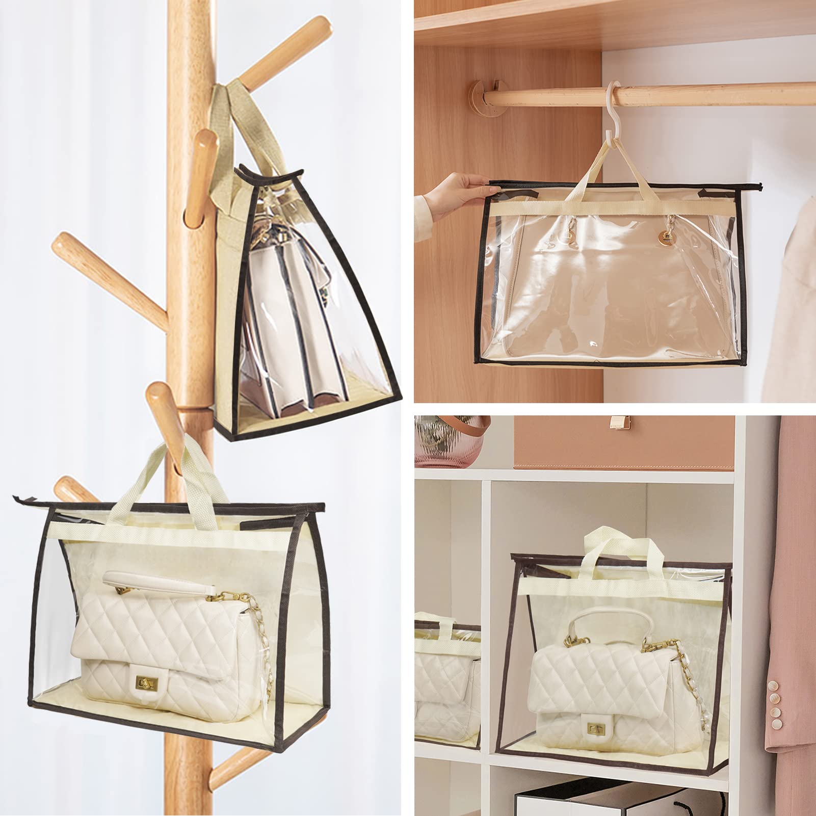 13Pcs Clear Dust Cover Bags for Handbags, YOCOMEY 5 Sizes Transparent Handbag Storage Organizer with Zipper and Handle, Dustproof Purse Protector Storage Bag for Closet Shelf (Beige)