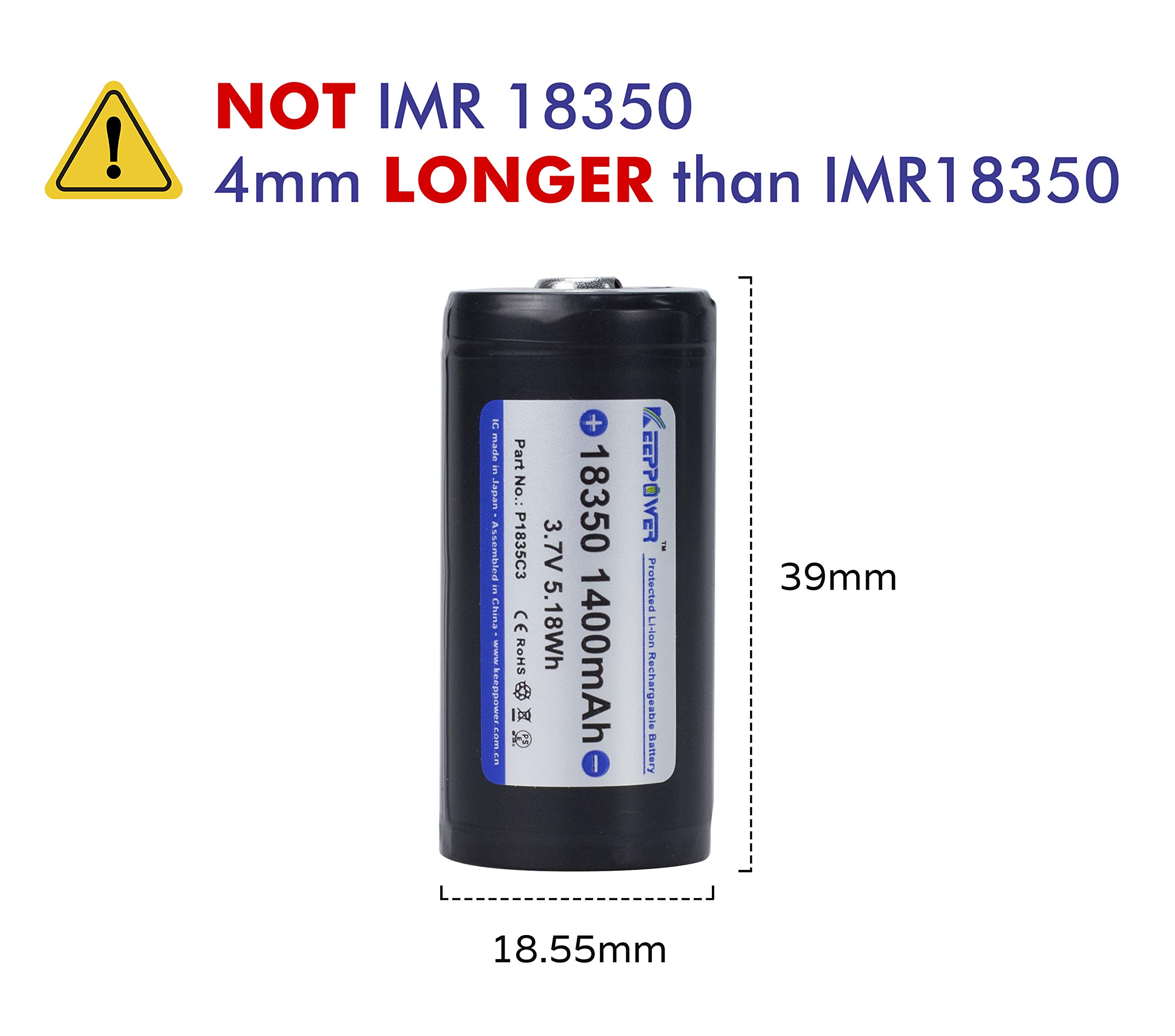 Keeppower Protected 18350 Li-ion Rechargeable Battery Button Top 3.7V 1400mAh 5.18Wh for Flashlight (NOT High Drain) (2 Pack)