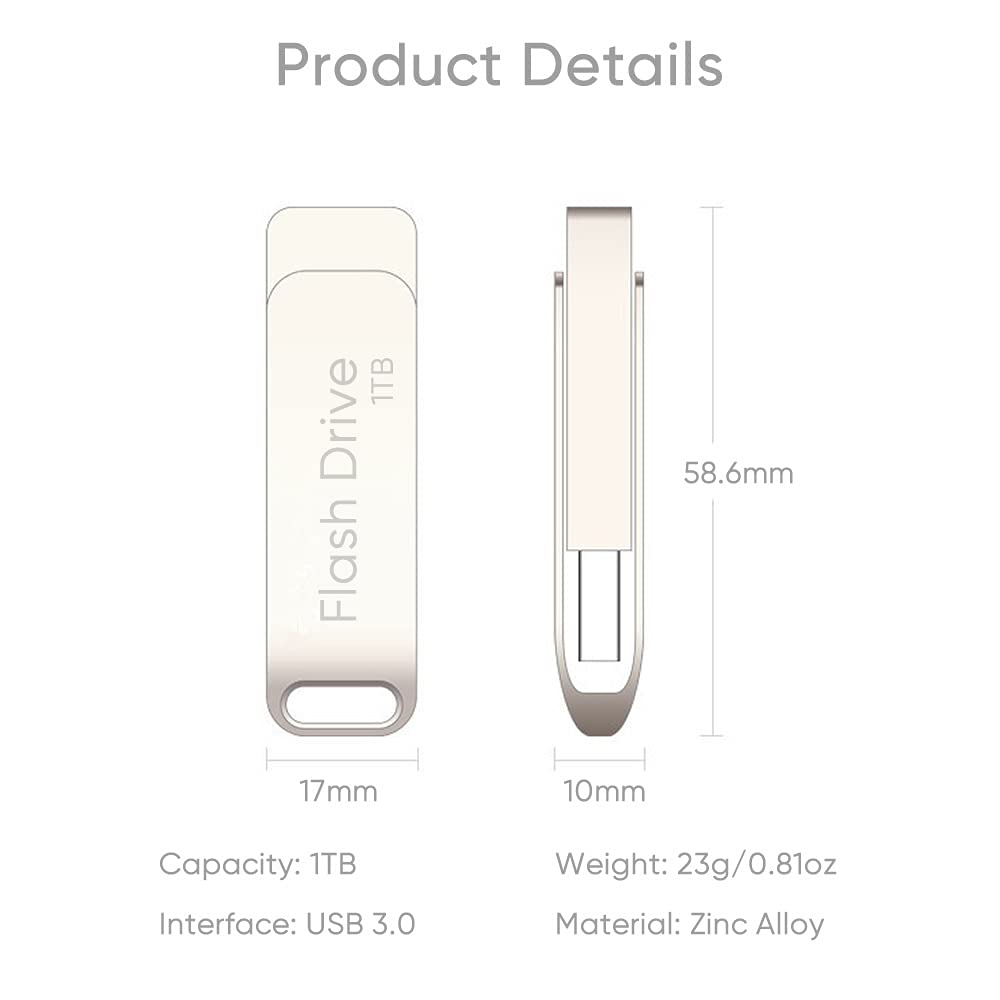 1TB USB Flash Drive, Thumb Drive High-Speed Metal Memory Stick with Keychain, Waterproof and Shockproof Data Storage for PC/Laptop