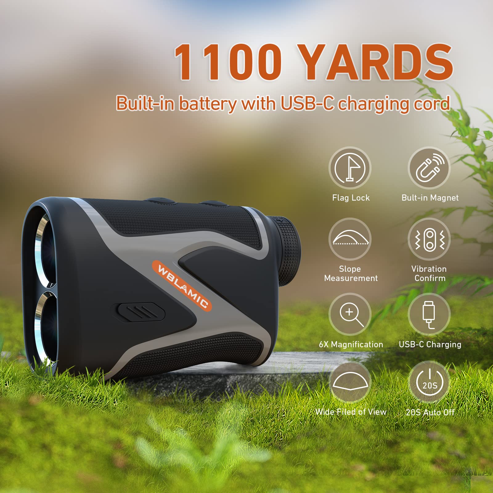 1100 Yards Laser Golf Rangefinder with Slope, WBLAMIC Type-C Recharging Golf Range Finder for Golf & Hunting with Flag Pole Lock Vibration, 6X Magnification, ±1 Yard Accuracy, External Slope Switch