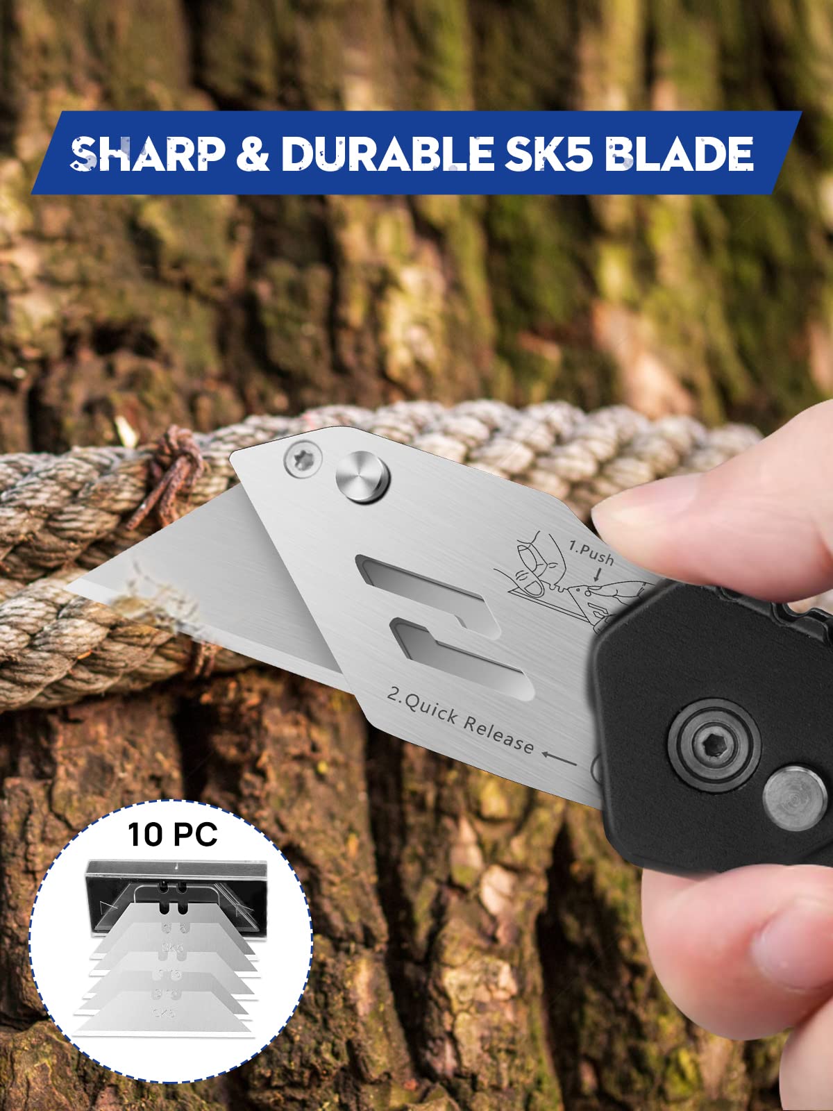 2 Pack BIBURY Utility Knife, Heavy Duty Folding Box Cutter, Pocket Carpet Knife with 20 Extra SK5 Stainless Steel Blades, Easy Release Button, Belt Clip, Quick Change, Blade Storage in Handle Design